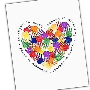 Inclusivity and Diversity Art for Kids - Handprints Heart - Strength in Unity Beauty in Diversity Power in Kindness Rainbow Colors Classroom UNFRAMED Poster 5x7" 8x10" 11x14" 16x20" 24x36"