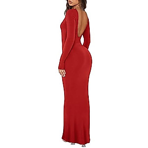 REORIA Womens Sexy V Backless Soft Lounge Long Dress Fall Wedding Guest Casual Going Out Boat Neck Long Sleeve Ribbed Bodycon Maxi Dresses Red Small