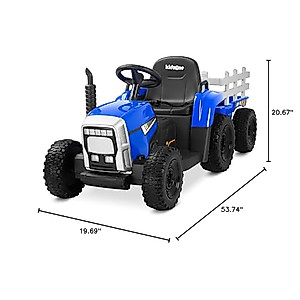 Kidzone 12V 7AH Premium Version with EVA Treaded Tires Dual 35W Motors Boost Power Torque Remote Control Powered Electric Tractor with Trailer Toddler Ride On Toy 3-Gear-Shift, 7-LED Lights, MP3