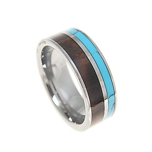 Arthur's Jewelry Tungsten 8mm wedding band ring turquoise Hawaiian koa wood comfort fit size 9