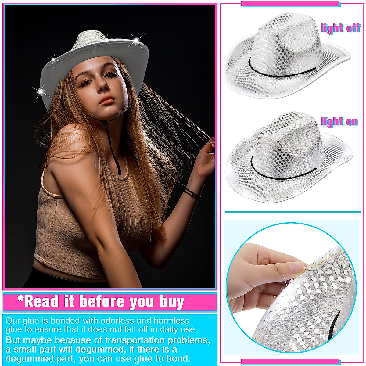 Tisancy 20 Pack Lights Cowboy Cowgirl Hat LED Flashing Hat Light Up Hat for Western Bachelorette Party Wedding Bridal(Silver,Trendy)