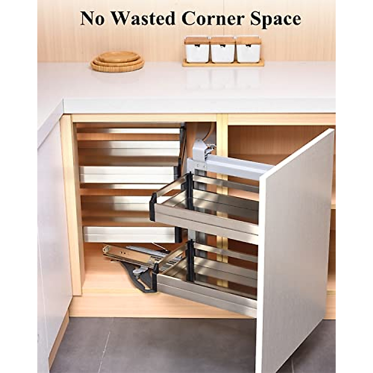 HFWYJF Blind Corner Cabinet Pull Out Organizer 15 Inch Opening,Magic Corner Base Cabinet Pull Out Left,Hidden Corner Cabinet Slide Out Shelves,2 Tier 4 Shelf Chrome Blind Corner Soft Close