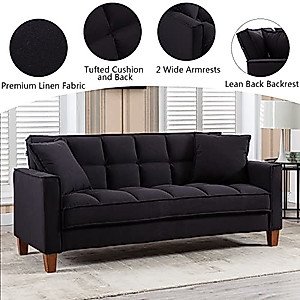 mikibama Linen Sofas Couchs for Living Room Grid Tufted Loveseat Sofa Padded 2 Seater Bedroom Couch Soft Comfy Sofa Bed for Small Space Apartment with Solid Wood Legs (Black)