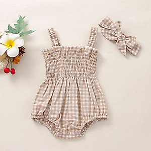 Newborn Baby Girl Bodysuit Sleeveless Halter Frill Romper One-piece Jumpsuit with Headband Summer Clothes Set (Khaki, 3-6 Months)