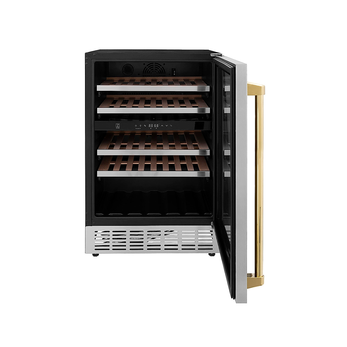 Z Line Kitchen and Bath ZLINE 24" Monument Autograph Edition Dual Zone 44-Bottle Wine Cooler in Stainless Steel with Polished Gold Accents (RWVZ-UD-24-G)