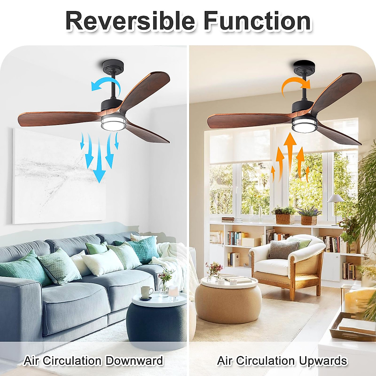 YELUFT 52'' Wood Ceiling Fans with Lights Remote Control,Quiet DC Motor,Outdoor Ceiling Fan with 3 Blades for Bedroom,Patio Living Room,Office
