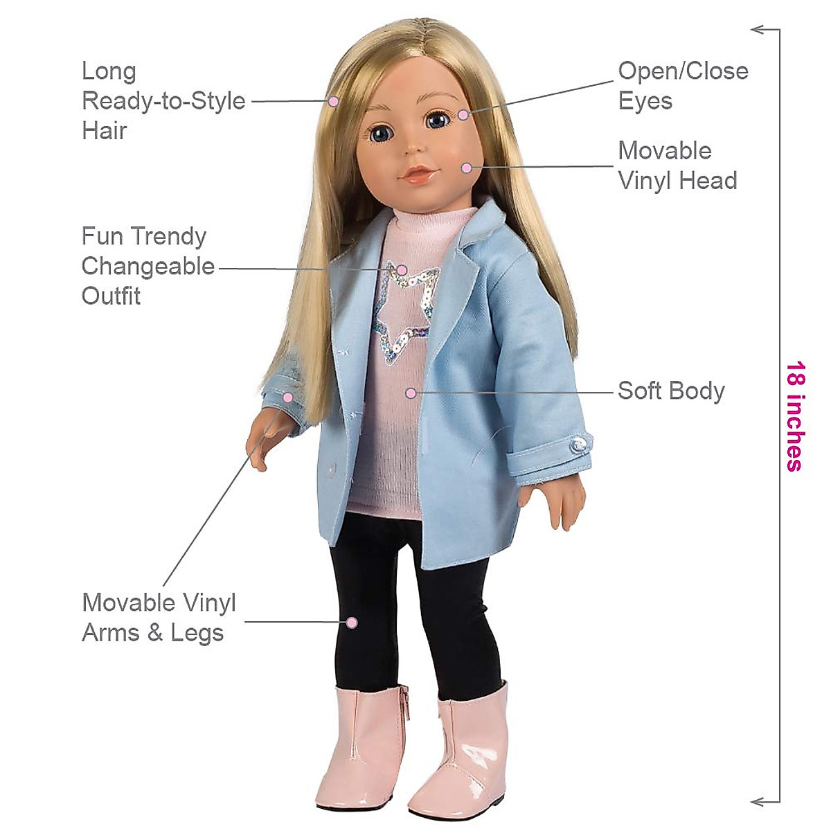 Adora Amazon Exclusive Fun Collection Amazing Girls 18” Baby Doll with Trendy and Changeable Outfit that Fits Most 18” Dolls, Made in Soft Vinyl Premium Material - Starlet Harper