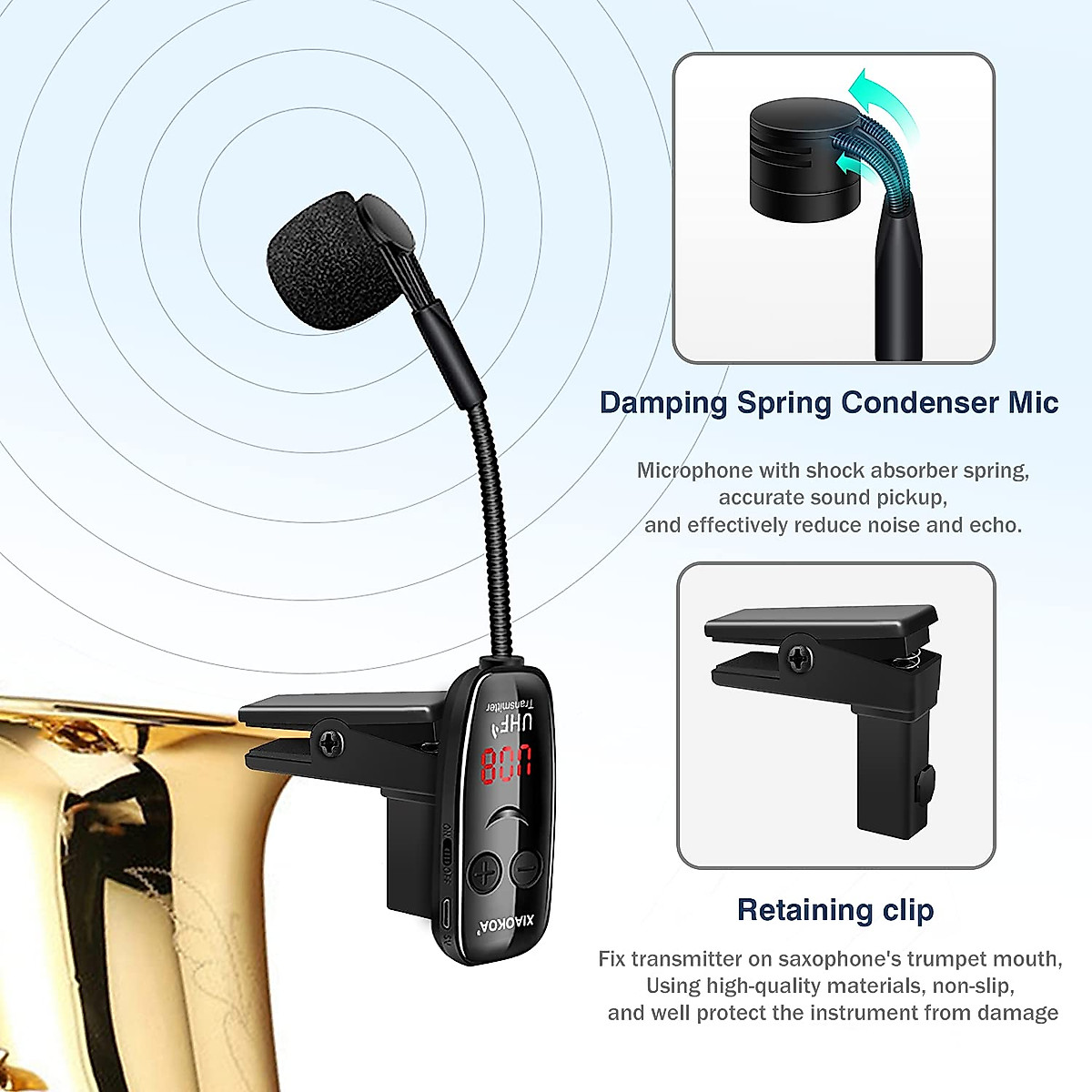 XIAOKOA UHF Wireless Instruments Microphone,Saxophone Microphone,Wireless Receiver and Transmitter,160ft Range,Plug and Play,Great for Trumpets, Clarinet, Cello