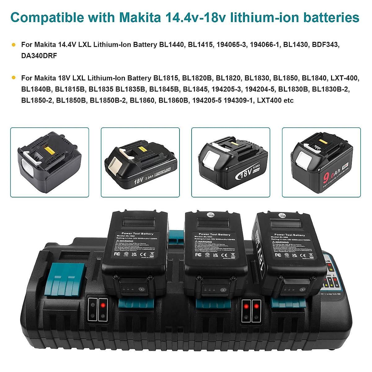 Fancy Buying 4-Port 18V DC18SF Fast Charger with Dual USB Port Compatible with Makita 14.4V 18V LXT Li-ion BL1830 BL1840 BL1850 BL1860 BL1815 BL1430, Replace Makita DC18SF DC18RC DC18RD DC18RA