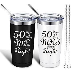 Patelai 2 Pieces Anniversary Wedding Gifts Anniversary Coffee Mug,Being MR/MRS Always Right Gifts Set for Couple or Friends, 20 oz Mug Tumbler with Lids and Gift Box 25th,30th,40th,50th (50th)