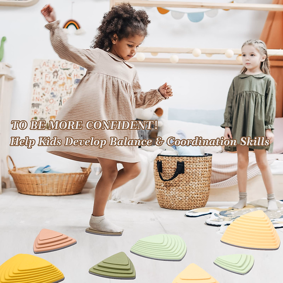 makarci Stepping Stones for Kids 12pcs Obstacle Courses Play Indoor Outdoor, Full Rubber Rim Plastic Hilltop for Kids Balance and Integration Improvement Age 3 4 5 6 7 8 + (Forest)