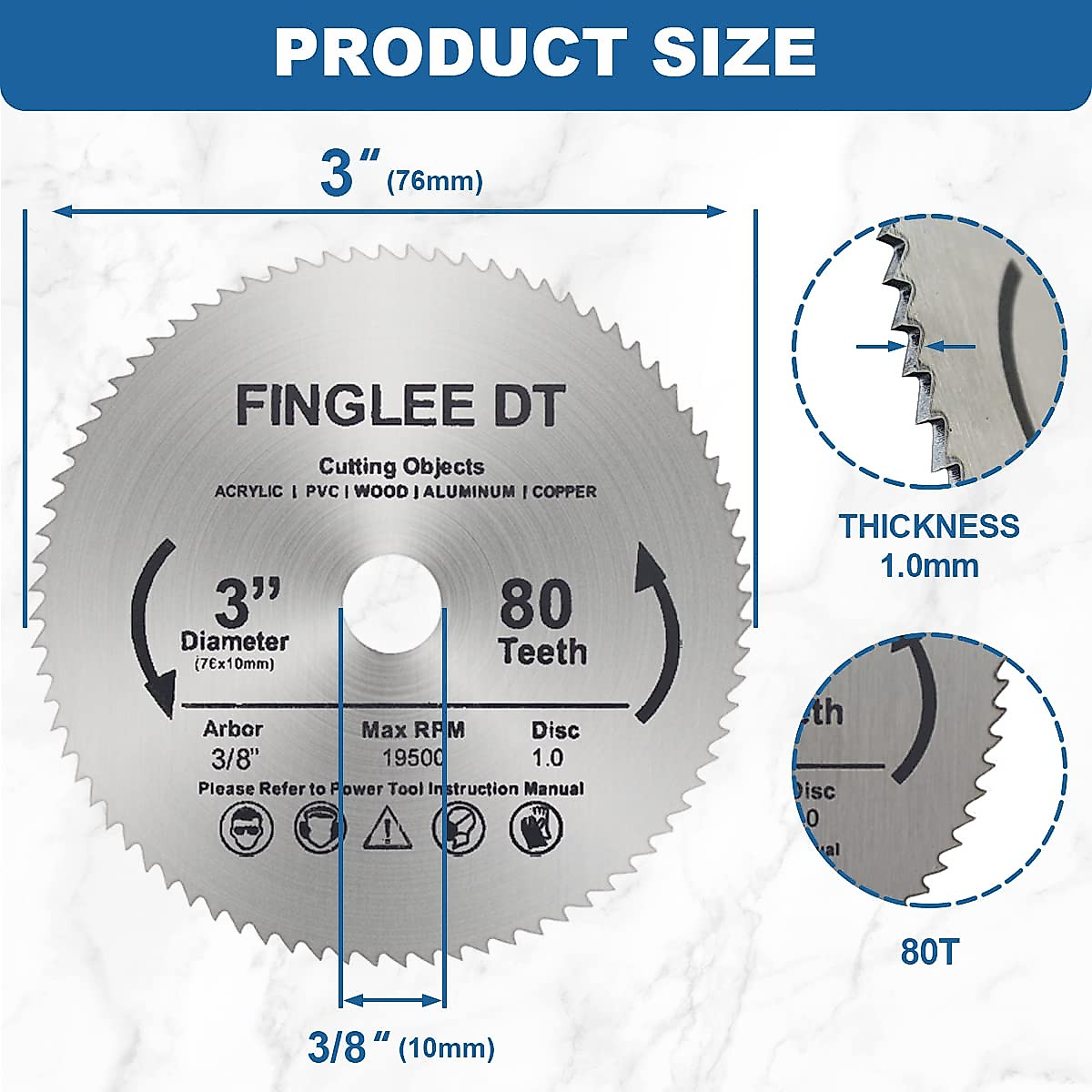 FINGLEE DT 3Pcs 3inch 76mm HSS Circular Saw Blade, 80Teeth High Speed Steel Cutting Disc with 10mm Arbor, for Rotary Tools Wood Plastic Cutting (3 Inch HSS Circular Saw Blade(3Pcs))