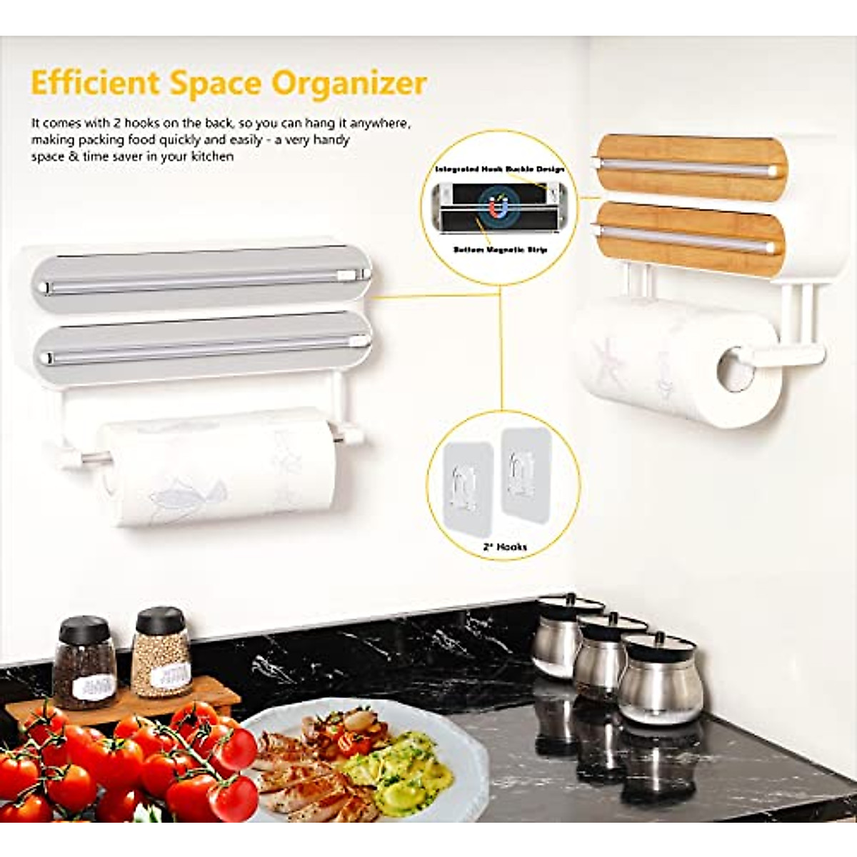 Magnetic Plastic Wrap Dispenser with Cutter - Refillable Aluminum Tin Foil and Plastic Wrap Organizer for Kitchen, Quasziwa Upgraded 3 in 1 Paper Towel Holder Wall Mount - Fits 12" Roll, White