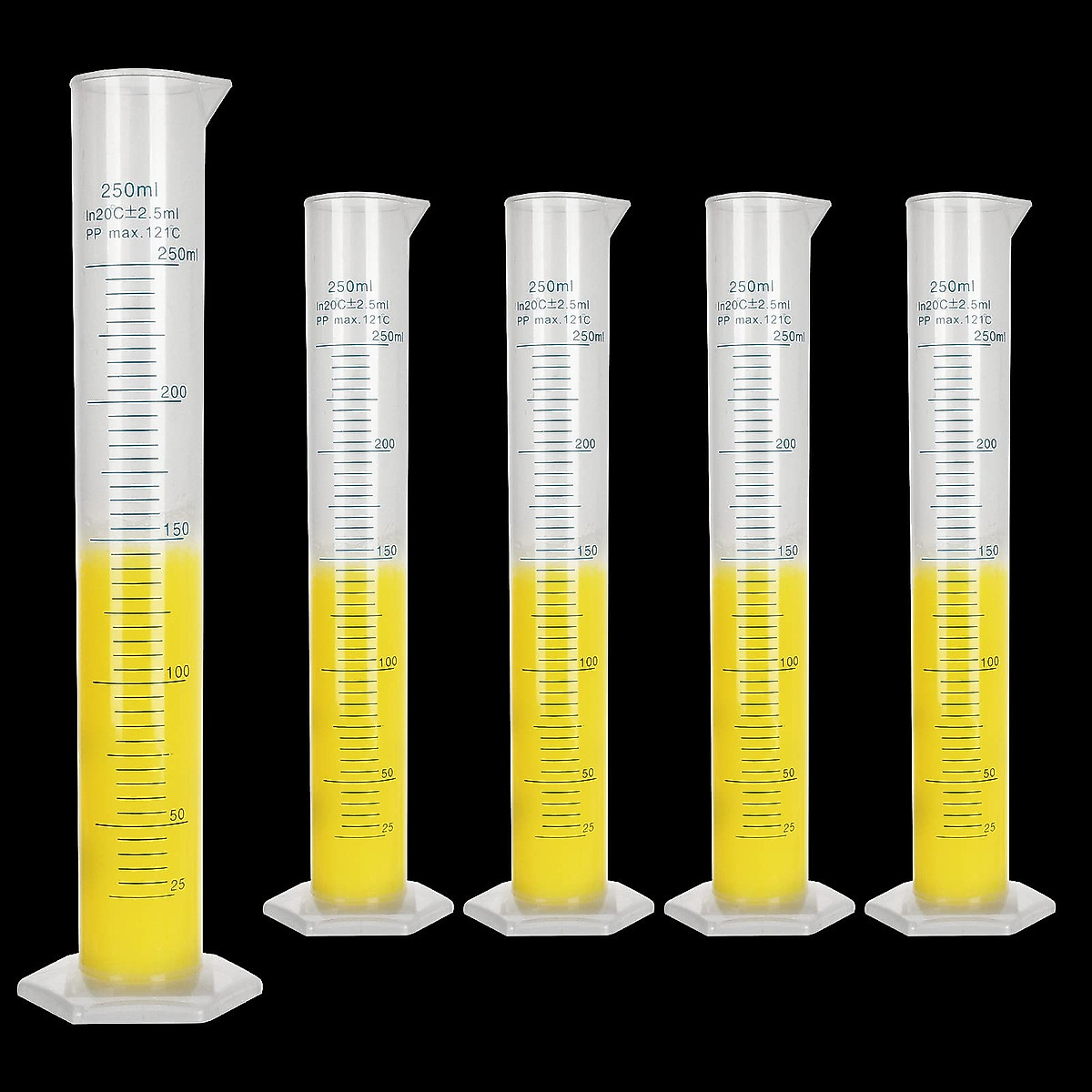5pcs Measuring Cylinder 250ml Hexagonal Base Transparent Plastic Graduated Cylinder（Blue Scale） Premium Polypropylene 250ml Science Measuring for Lab Test Tube
