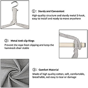 Y- STOP Hammock Chair Hanging Rope Swing, Max 500 Lbs, Hanging Chair with Pocket, Removable Steel Spreader Bar with Anti-Slip Rings, Quality Cotton Weave for Comfort, Durability, Light Grey