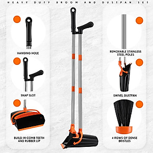 Tioncy Heavy Duty Broom and Dustpan Set 2 Plus 1 Set with Comb Commercial Windproof Stand up Broom Outdoor Indoor for Courtyard Garage Lobby Mall Market Floor Kitchen Home Office Pet Hair Rubbish