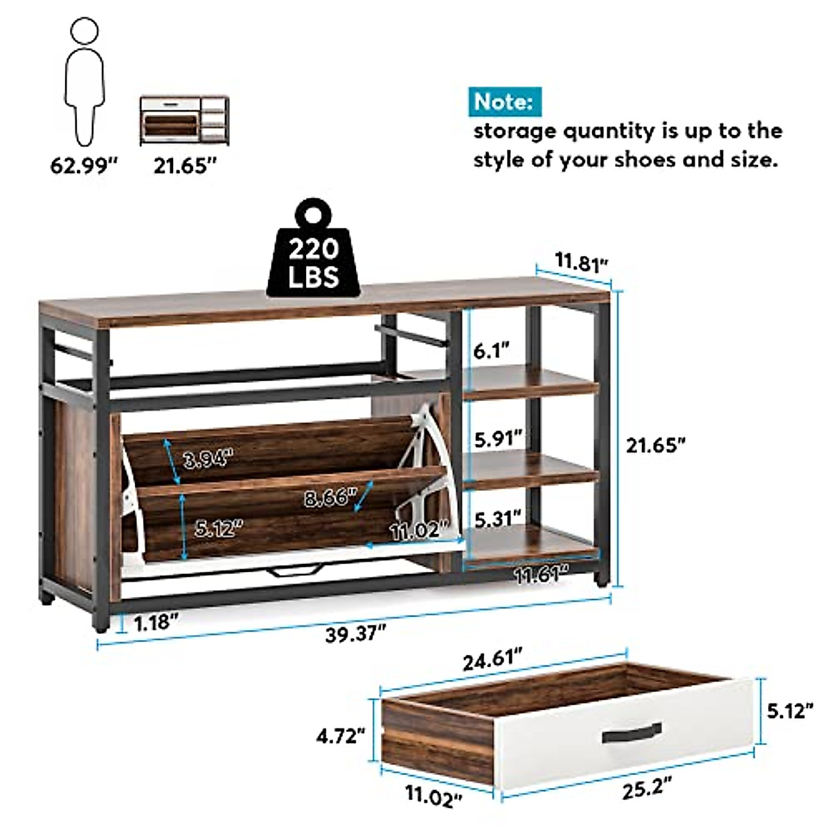 Tribesigns Flip Drawer Shoe Storage Bench, Hidden Shoe Cabinet with Drawer and 4 Tiers Shelves, 4 in 1 Tipping Bucket Shoe Storage Rack for Entryway, Hallway, Living Room, Rustic Brown & White