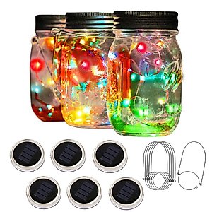 PAPRMA 6 Pack Solar Mason Jar Lights, 20 LED Jar Lid Fairy String Lights with 6 Hangers, Decorations for Party Garden Patio Path Christmas, Colorful(Jar NOT Included)