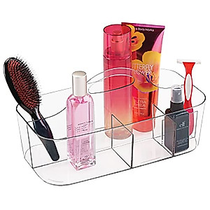 mDesign Plastic Divided Shower Organizer Basket Caddy Tote with Handle - Storage for Bathroom or Dorm - Holds Hand Soap, Shampoo, Sponges, Scrubs, and Body Wash - Lumiere Collection - Clear