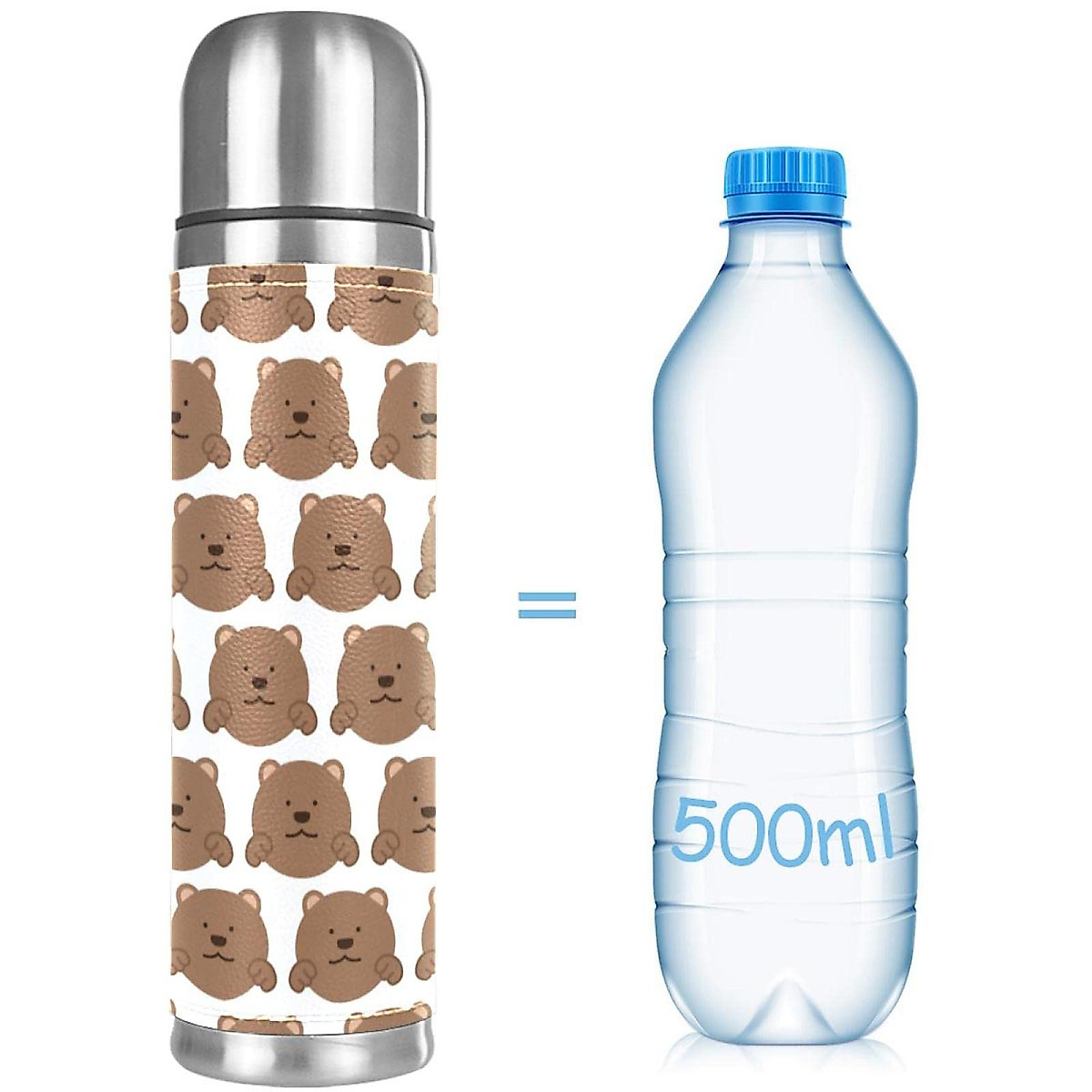 Stainless Steel Leather Vacuum Insulated Mug Bear Thermos Water Bottle for Hot and Cold Drinks Kids Adults 16 Oz