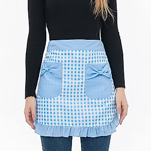 Love Potato Waist Apron with Pockets, Fashion Kitchen Cooking Restaurant Bistro Half Aprons for Girl Woman (Blue Plaid)