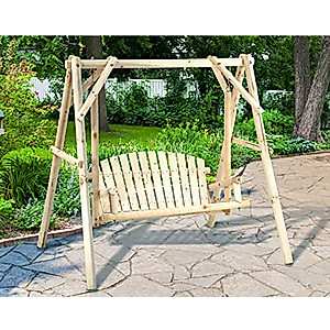 Wooden Porch Swing with Stand, 2-Seat Porch Swings Outdoor Log Patio Swing Chair, A-Frame Garden Swing Seat Outdoor Swing for Adults/Kids Patio Backyard Deck, Capacity 450 LBS, Natural Wood