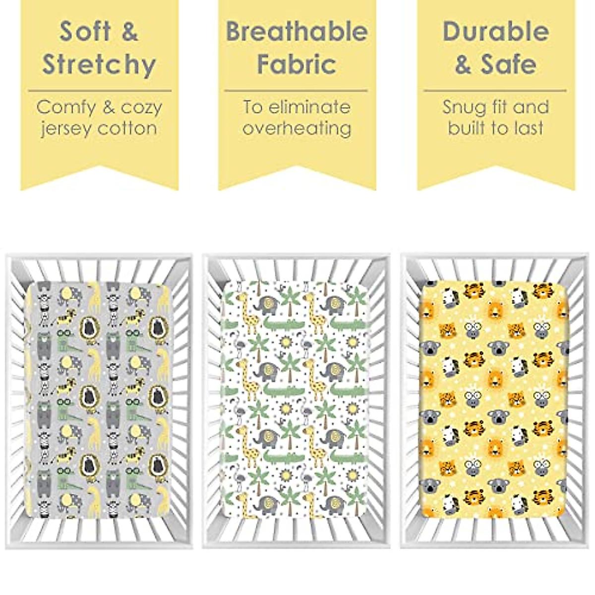 GROW WILD Pack n Play Sheets | Mini Crib Sheets 3-Pack, Soft Pack and Play Sheets, Premium Bassinet Sheet, Safari Elephant Yellow Gray White