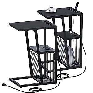 Heybly Side Table Set of 2, C Shaped Nightstand End Sofa Table with Charging Station for Small Spaces,Snack Couch Tables with Phone Holder, 2 USB Ports and Power Outlets HET001CB2