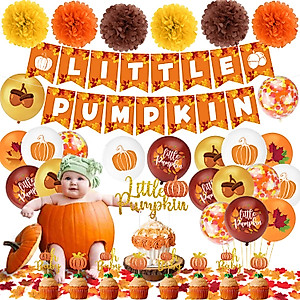152pcs Little Pumpkin Baby Shower Decorations for Boy with Little Pumpkin Banner Pumpkin Cake Toppers Paper Pompom Latex Balloons Fall Leaves for Fall Theme Baby Shower Party Supplies