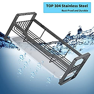 Cade Sink Caddy, Sponge Holder for Kitchen Sink, 304 Stainless Steel, Large Capacity Kitchen Sink Organizer Soap Brush Dispenser, Countertop with Removable Drain Tray (Black)