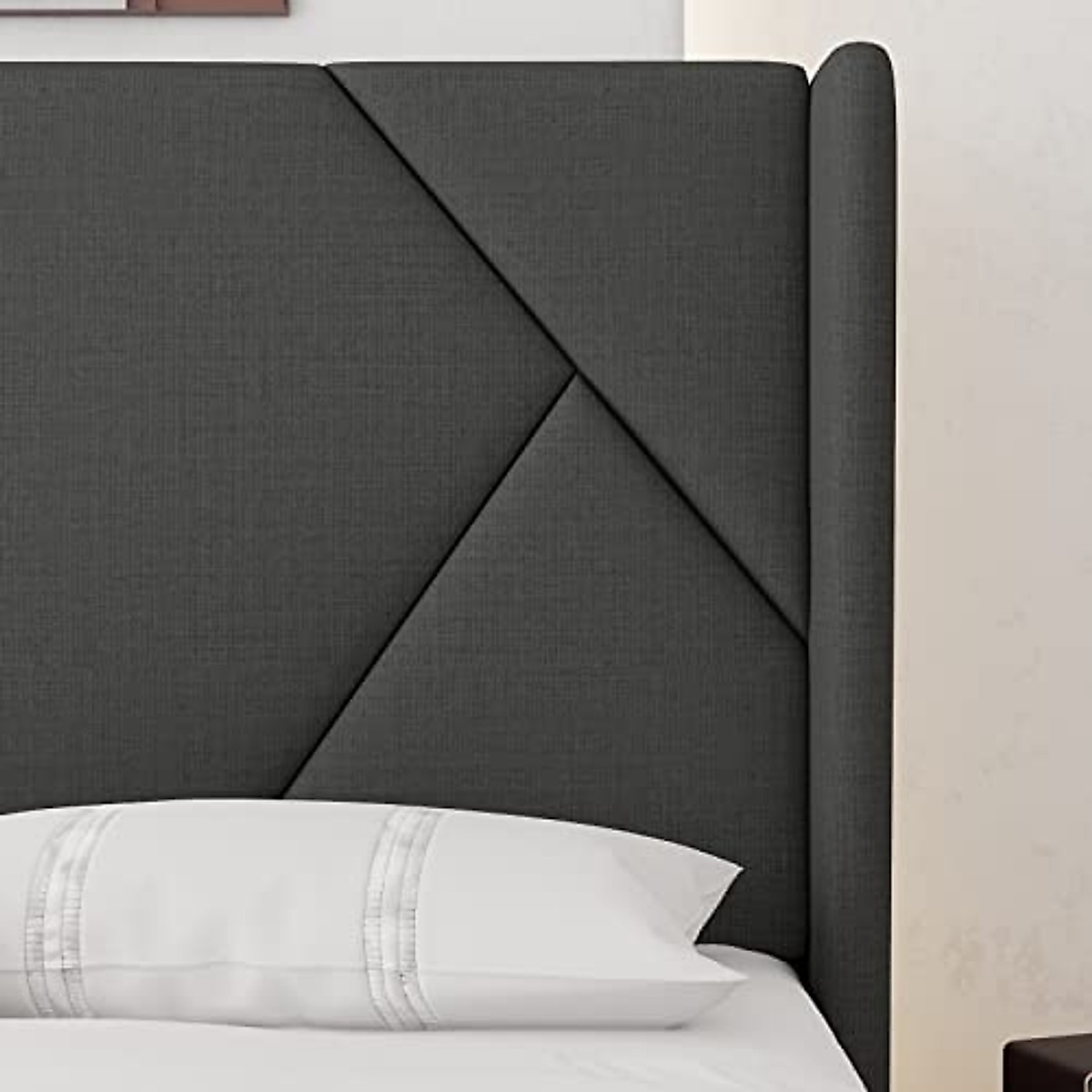 iPormis Queen Size Modern Wingback Bed Frame, Geometric Upholstered Platform Bed with 24" Headboard, 8" Storage Space, Wood Slats Support, No Box Spring Needed, Dark Grey