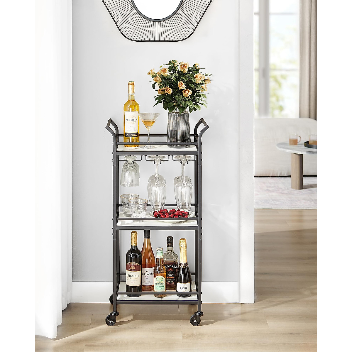 VASAGLE Bar Cart, Home Bar Serving Cart, Small Bar Cart with 3-Tier Shelf, Wine Holders, Glass Holders, Mini Bar Cart for Small Spaces, Kitchen, Dining Room, Living Room, Ink Black