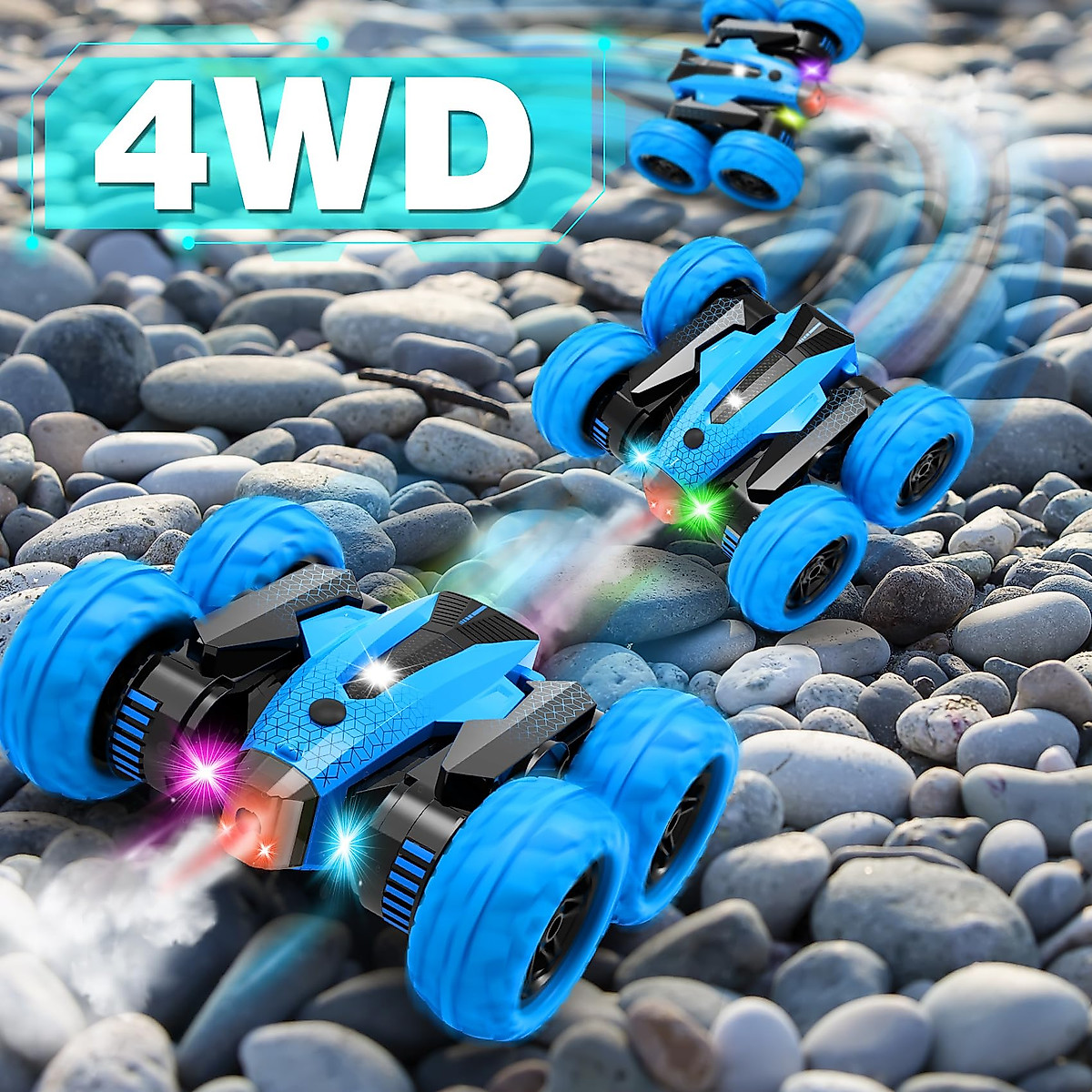 SUPIREO RC Cars, 2.4GHz Fast Stunt RC Car, 4WD Double Sided 360° Rotating RC Trucks with Headlights, High Speed Off Road Stunt Truck, Cool Spray Patterns, Remote Control Cars Toy for Boys Girls