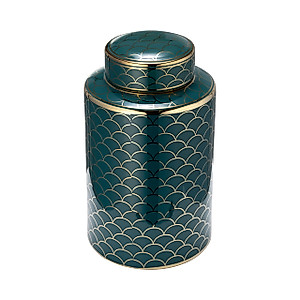 12" Jar with Lid - Modern Ceramic Dark Green and Gold Crackle Design Stoneware - Decorative Jar for Home or Office Accent