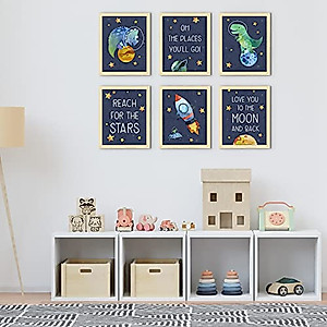 ArtbyHannah 6 Pack 8x10 Inch Framed Nursery Wall Art Decor with Wood Frame and Moon Animals & Letter Prints for Playroom, Kids Children Room Bedroom Decoration
