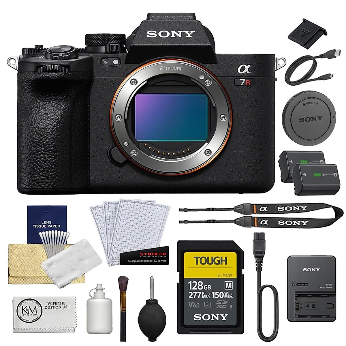 Sony Alpha a7R V Mirrorless Digital Camera Body Bundle with 128GB Tough Memory Card + Extra NP-FZ100 Lithium-Ion Battery + Screen Protectors + Camera Cleaning Kit + Cleaning Cloth (6 Items)