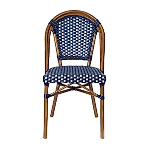 Flash Furniture Bordeaux Set of 2 Indoor/Outdoor Commercial Bistro Stack Chairs - Navy/White PE Rattan Back and Seat - Natural Bamboo Print Aluminum Frame
