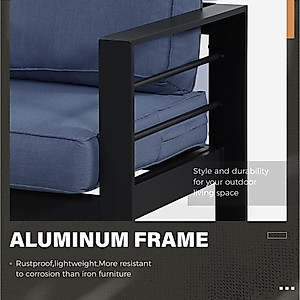 Solaste Aluminum Patio Furniture Set with Metal Fire Pit Table, 7 Seats Metal Outdoor Furniture with Water-Resistant Cushions, Modern Patio Conversation Set for Front Porch, and Backyard, Blue