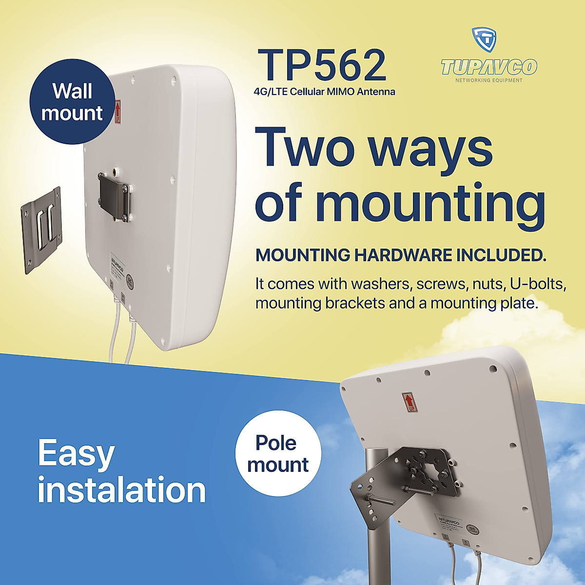 MIMO Antenna - 2x2 9dBi X-POL (±45°) Cross-Polarized Multiple Directional Wireless Signal in One Antenna (WiFi/4G/LTE Cellular Cell Hotspot) 6FT RP-SMA Male Cable with TS-9 Adapter -Tupavco TP562