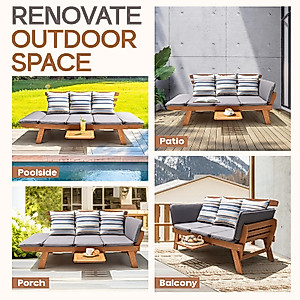 Idzo Amelie Outdoor Daybed Sofa: 750lbs Max Weight Support, Sleeper Chair with Armrest, Coffee Tray, 3 Pillows, FSC Wood, Gray, Ideal for Outdoor Couch