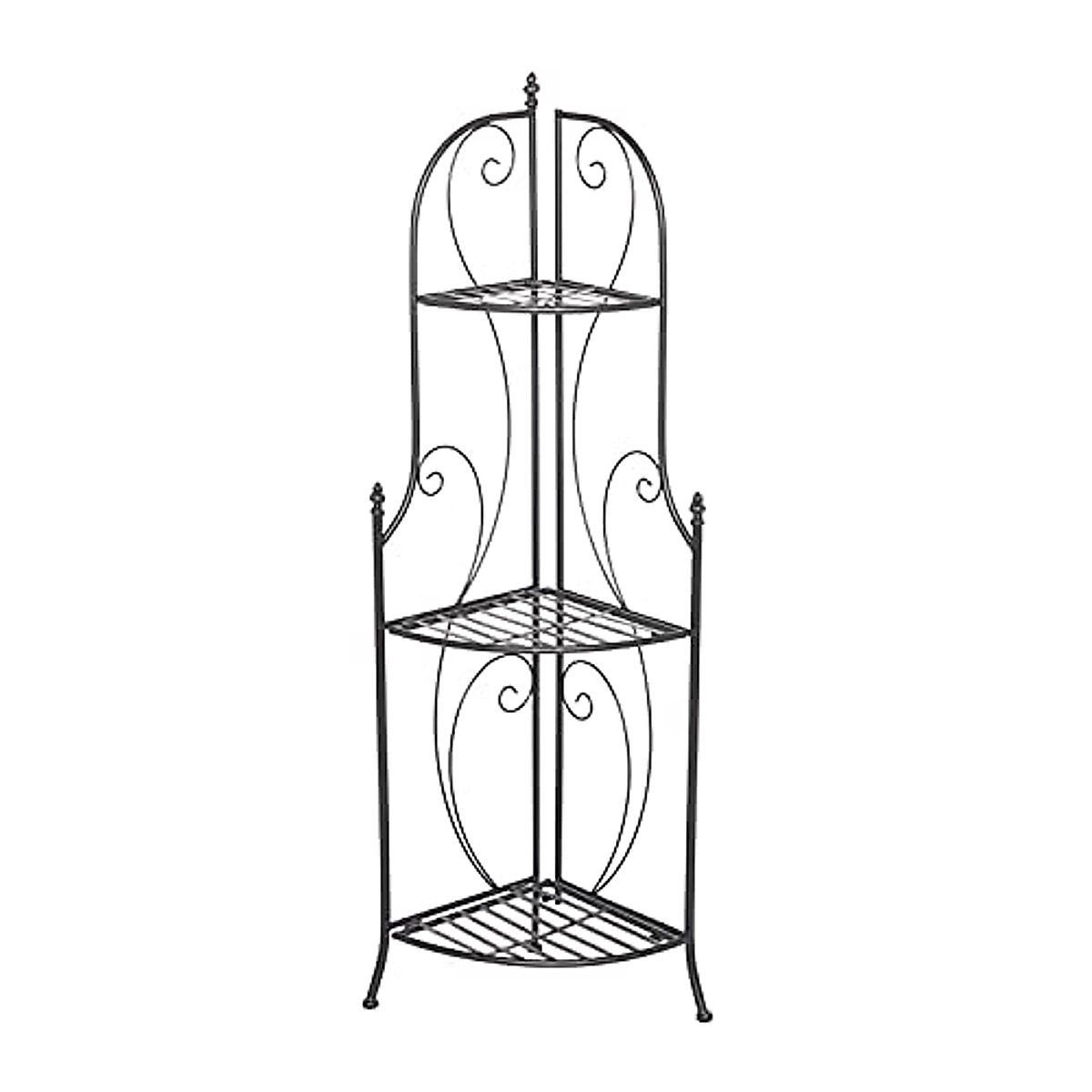 Deco 79 Metal Scroll Indoor Outdoor Tall Folding 3 Shelf Bakers Rack, 17" x 11" x 46", Black