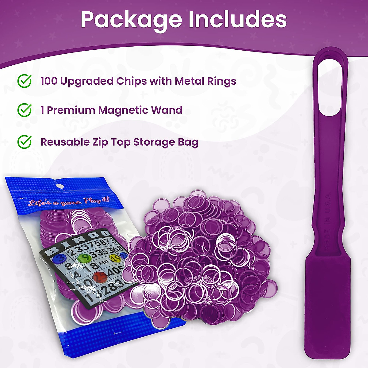 MR CHIPS Made in USA Bingo Magnetic Wand & ¾ Inch Purple Plastic Chips with Metal Rings - 100 Upgraded Pieces Bingo Chips Magnetic, Support American Jobs