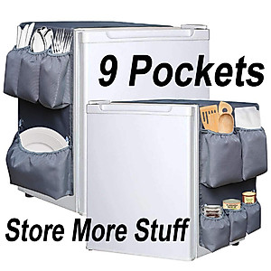 College Dorm Room Essentials, Dorm and Office Double Side Over the Fridge Caddy Organizer, Mini Fridge Pocket Organizer, Fridge Accessories, 9 Pockets for Flatware,Utensils,Kitchen Tools,Paper Goods
