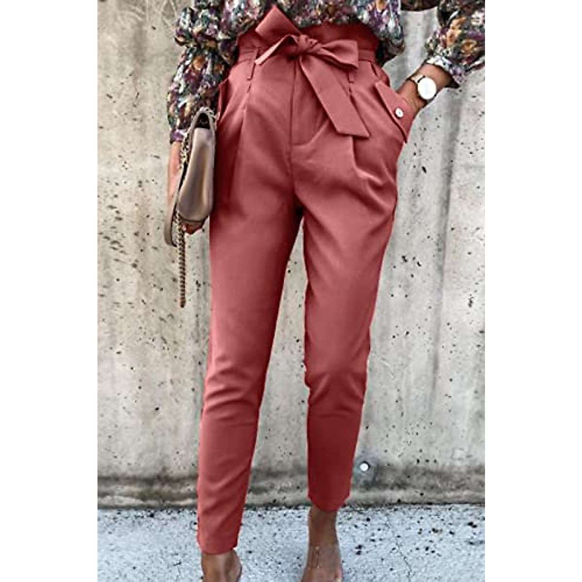PRETTYGARDEN Women's Casual Long Pants High Waist Belted Paper Bag Work Pant Trousers with Pockets (Brick Red,Small)
