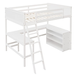 GINGVAT Full Size Loft Bed with Desk and Shelves, Wooden Bedframe and Safety Guardrails, Bedroom Furniture for Children/Teens, White