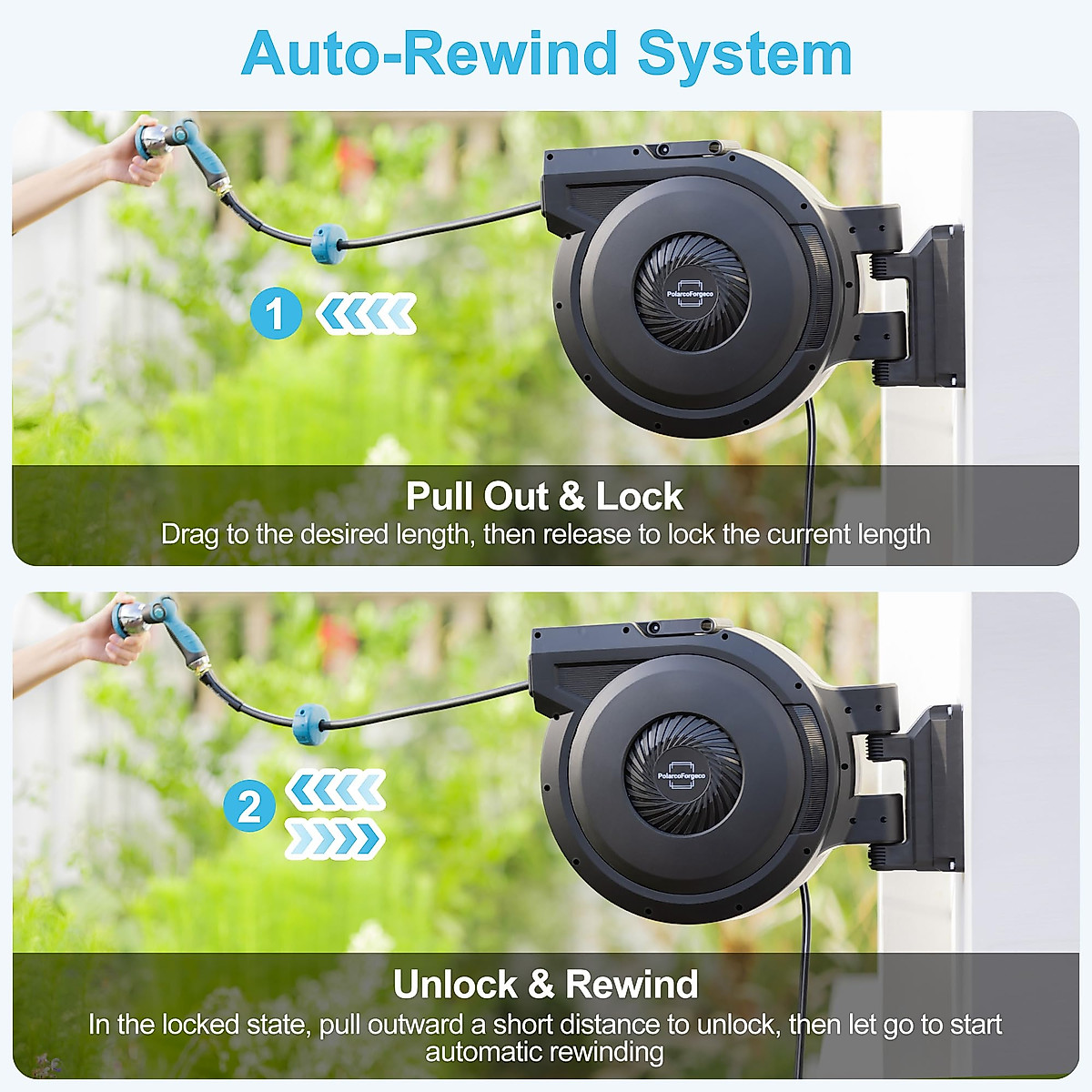 PolarcoForgeco Retractable Garden Hose Reel - 5/8 inch x 90 ft Wall Mounted Hose Reel with 10 Pattern Nozzle & Any Length Lock, Heavy Duty Water Hose Supports Automatic Rewind & 180° Swivel, Black