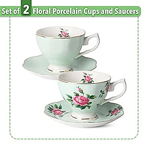 BTaT- Floral Tea Cups and Saucers, Set of 2, 8oz, with Gold Trim and Gift Box, Coffee Cups, Floral Tea Cup Set, British Tea Cups, Porcelain Tea Set, Tea Sets for Women