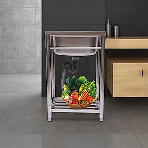 Free Standing Stainless-Steel Single Bowl Commercial Restaurant Kitchen Sink Set w/Drainboard, Prep & Utility Washing Hand Basin w/Storage Shelves Indoor Outdoor