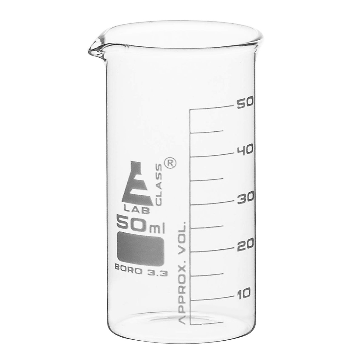 EISCO Beaker, 50ml - Tall Form with Spout - White, 5ml Graduations - Borosilicate 3.3 Glass