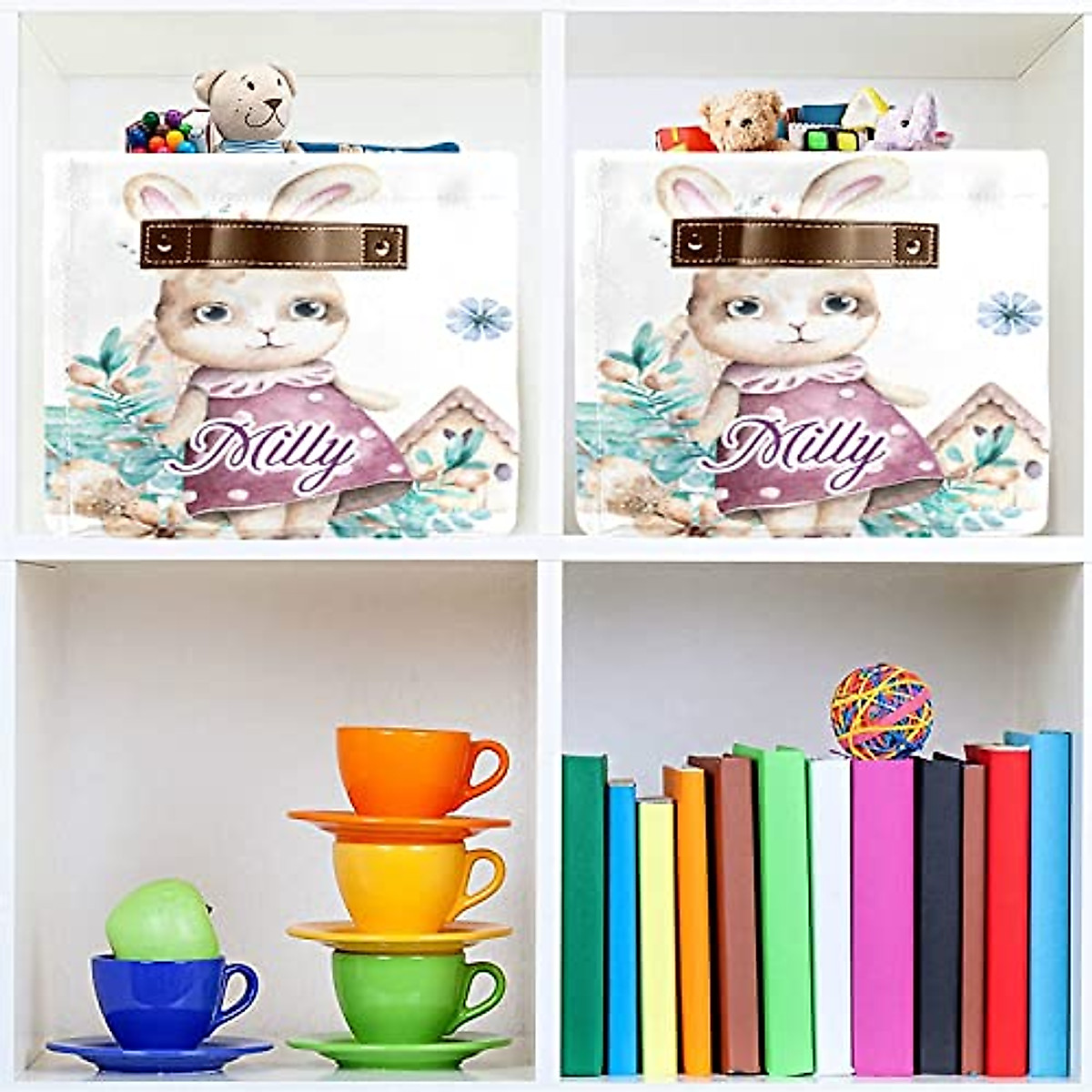 Cute Bunny Rabbit Personalized Storage Basket ,Custom Storage Bins Cubes Organizer with Handle for Bedroom Wardrobe,Nursery,Basket 1 Pack